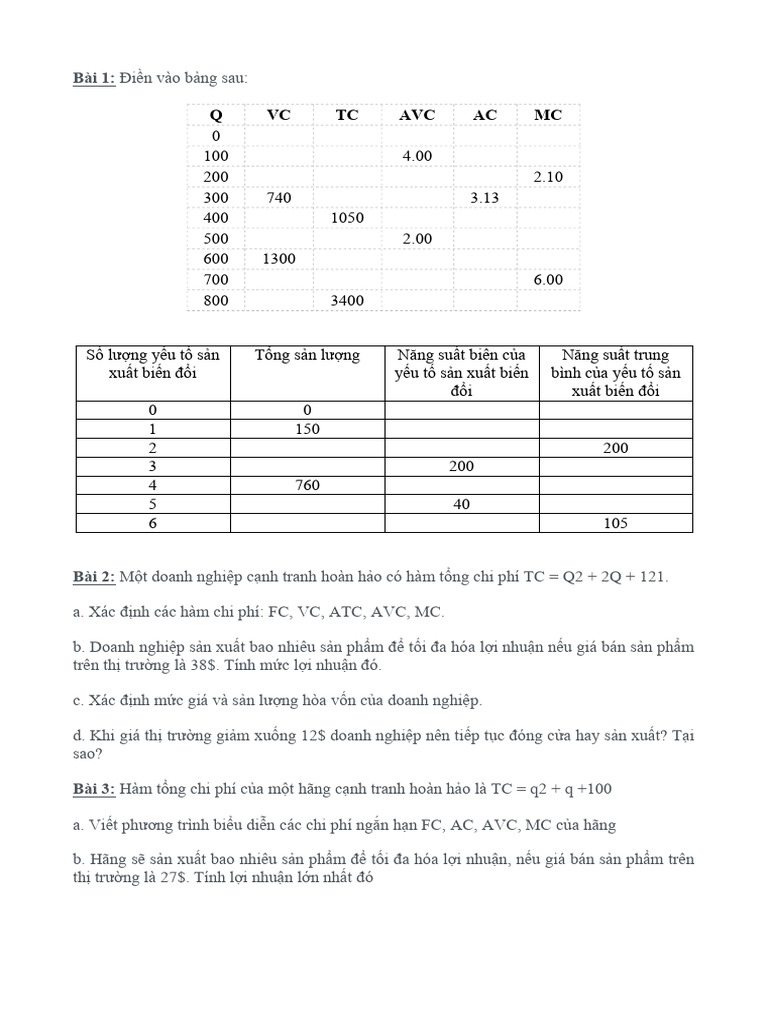 BaEco - Chuong 34 - Bai Tap Chi Phi Va Quyet Dinh Cua DN | PDF