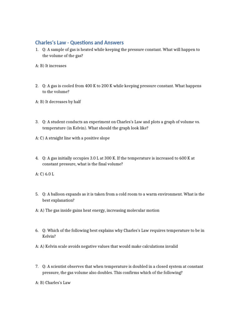 Charles Law Questions and Answers | PDF | Temperature | Gases