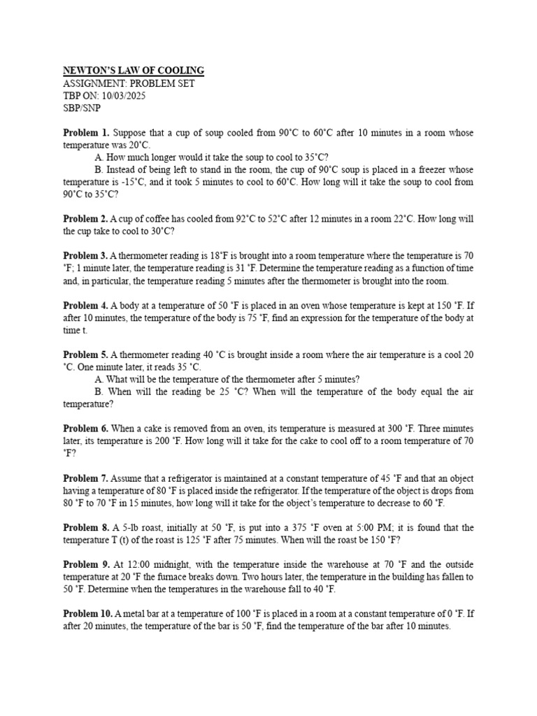 Newtons Law of Cooling Problem Set | PDF | Thermometer | Temperature