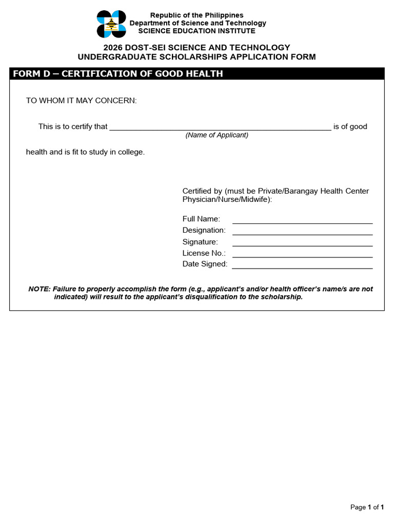 2026 DOST-SEI S&T Undergraduate Application Form D | PDF