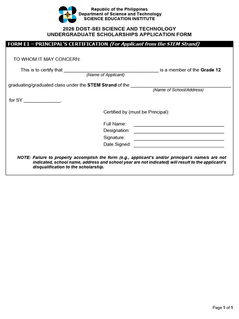 2026 DOST-SEI S&T Undergraduate Application Form E1 | PDF