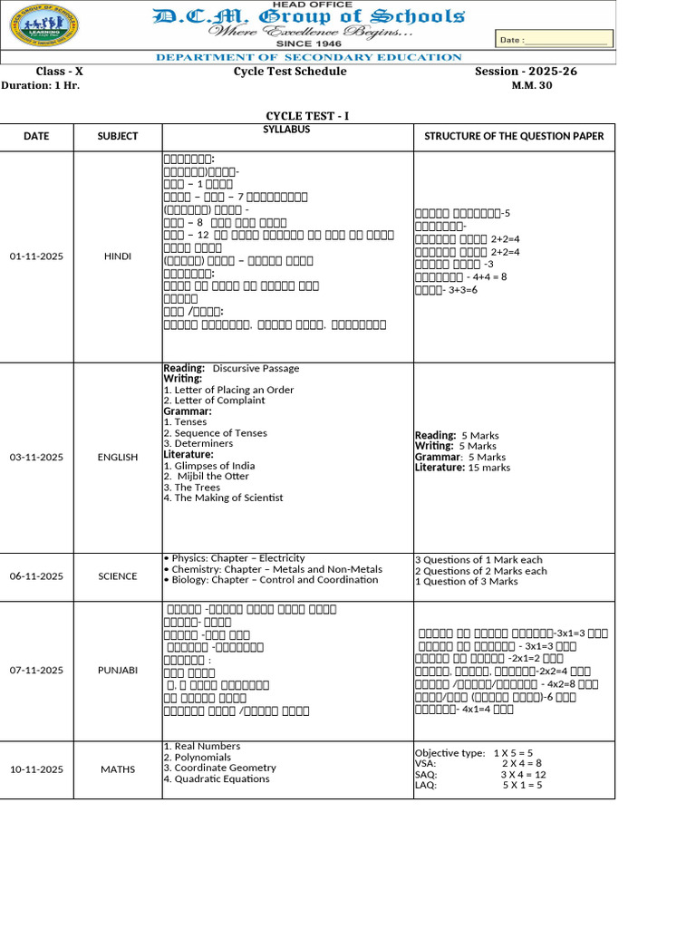 CYCLE TEST-Date Sheet & Syllabus-X - 1 | PDF