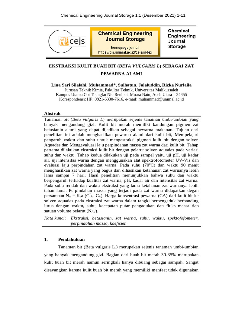 Ekstraksi Kulit Buah Bit (Beta Vulgaris L) Sebagai Zat Pewarna Alami | PDF