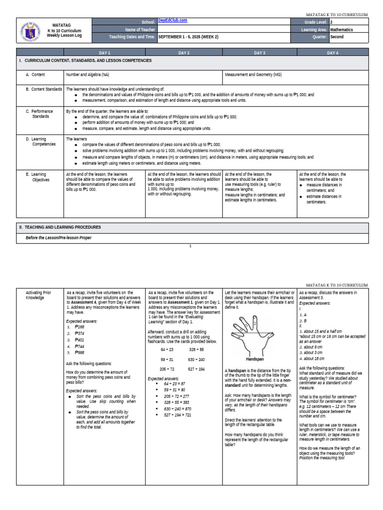 DLL MATATAG_MATHEMATICS 2_Q2_W2 | PDF | Length | Measurement