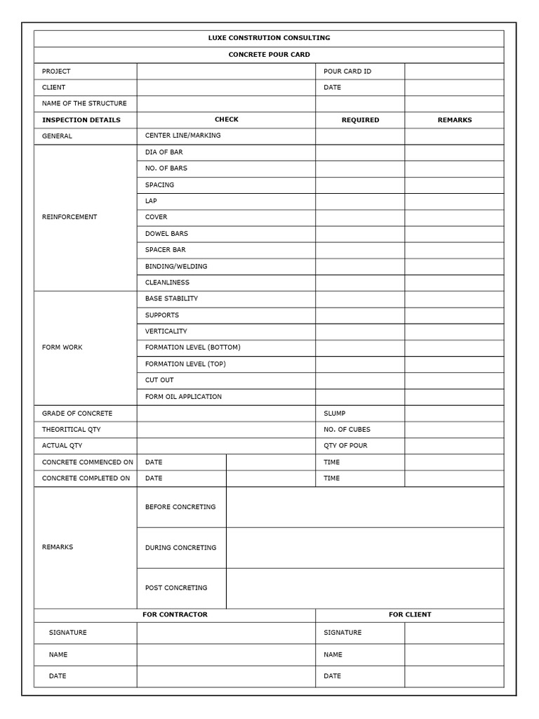 Concrete Pour Card Inspection Checklist | PDF