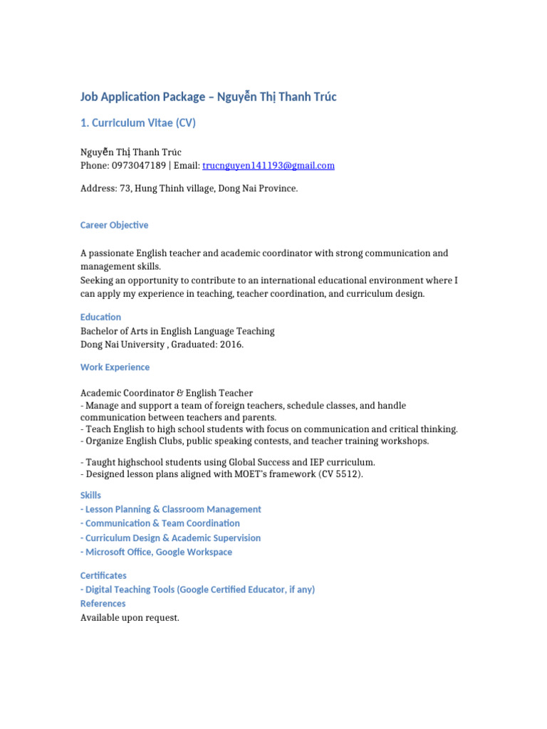 Ho So Xin Viec Nguyen Thi Thanh Truc | PDF