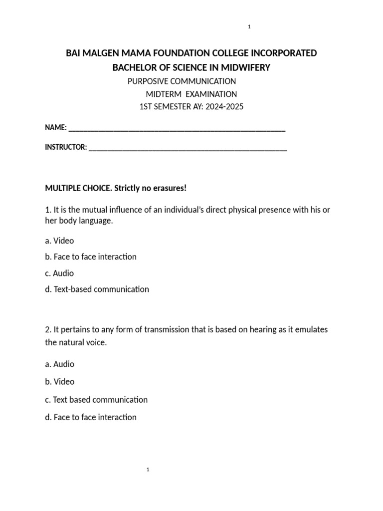 Midterm Exam Purposive Com. | PDF | Communication | Body Language
