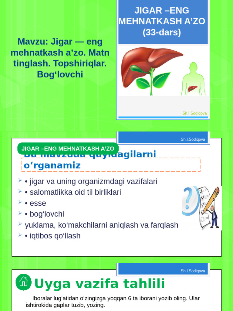 6-Sinf Ona Tili Fani Jigar Eng Mehnatkash a'Zo, Bog'Lovchi Mavzuda Dars Taqdimot | PDF