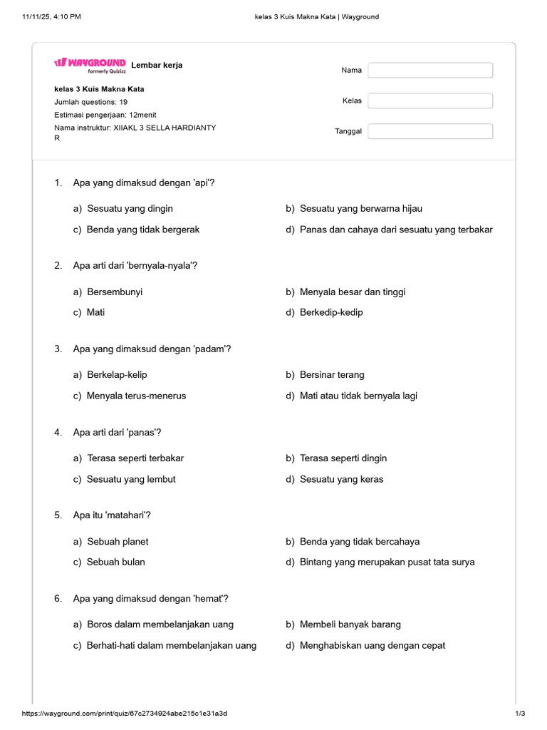 Kuis Makna Kata untuk Kelas 3 | PDF