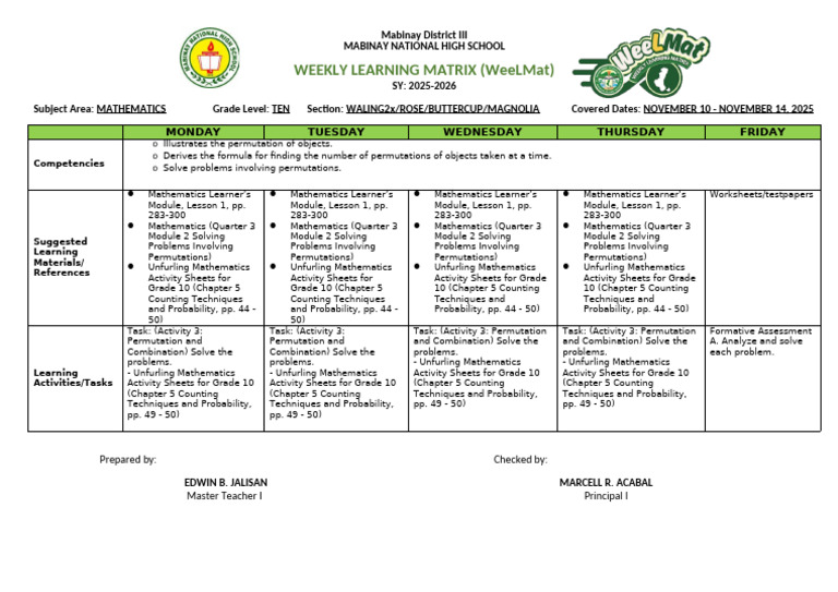 Grade 10 Math Weekly Learning Matrix | PDF | Mathematics