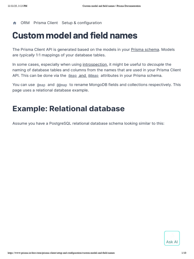 Custom Model and Field Names - Prisma Documentation | PDF | Databases | Relational Database