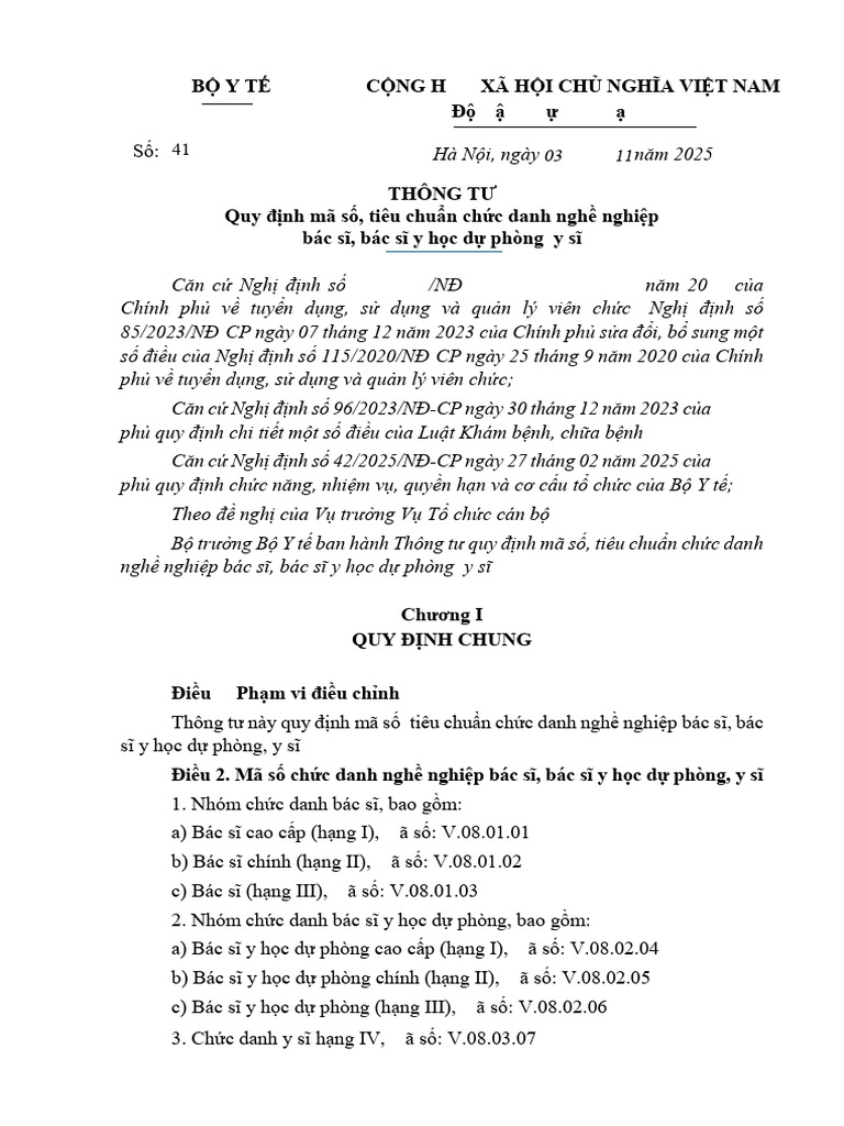 TT-41_2025_byt_mã Số, Tiêu Chuẩn Chức Danh Nghề Nghiệp Bs Ys | PDF