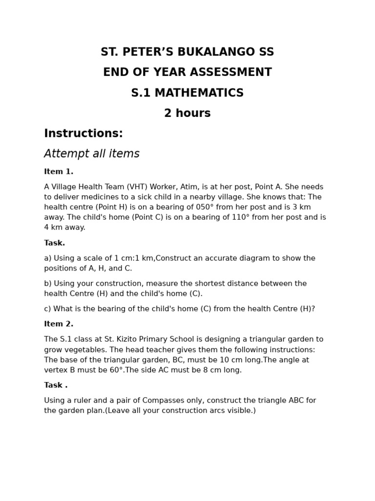 S.1 Mathematics End-of-Year Assessment | PDF