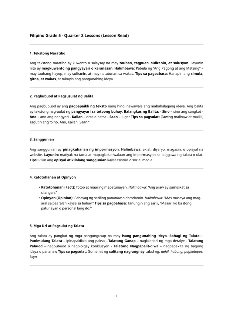 Filipino Grade 5 Q2 Lessons | PDF
