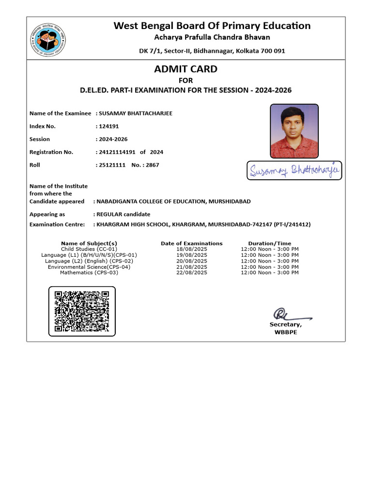 Susamay Bhattacharjee Digital Admit Card | PDF