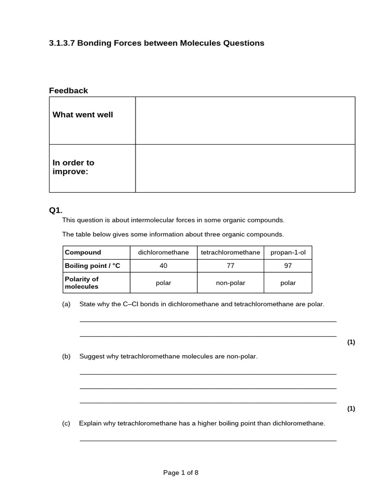 3.1.3.7 Bonding Forces Between Molecules HWK Questions | PDF | Chemical ...