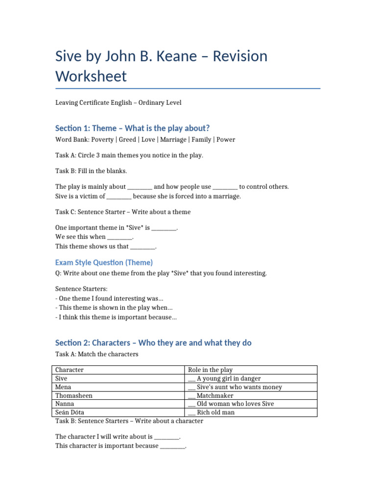 Sive Revision Worksheet Ordinary Level | PDF