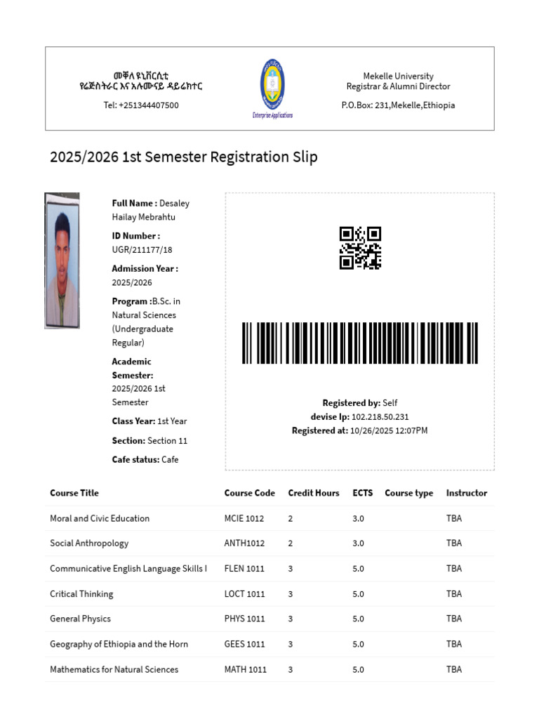 Mekelle University 2025/26 Registration Slip | PDF