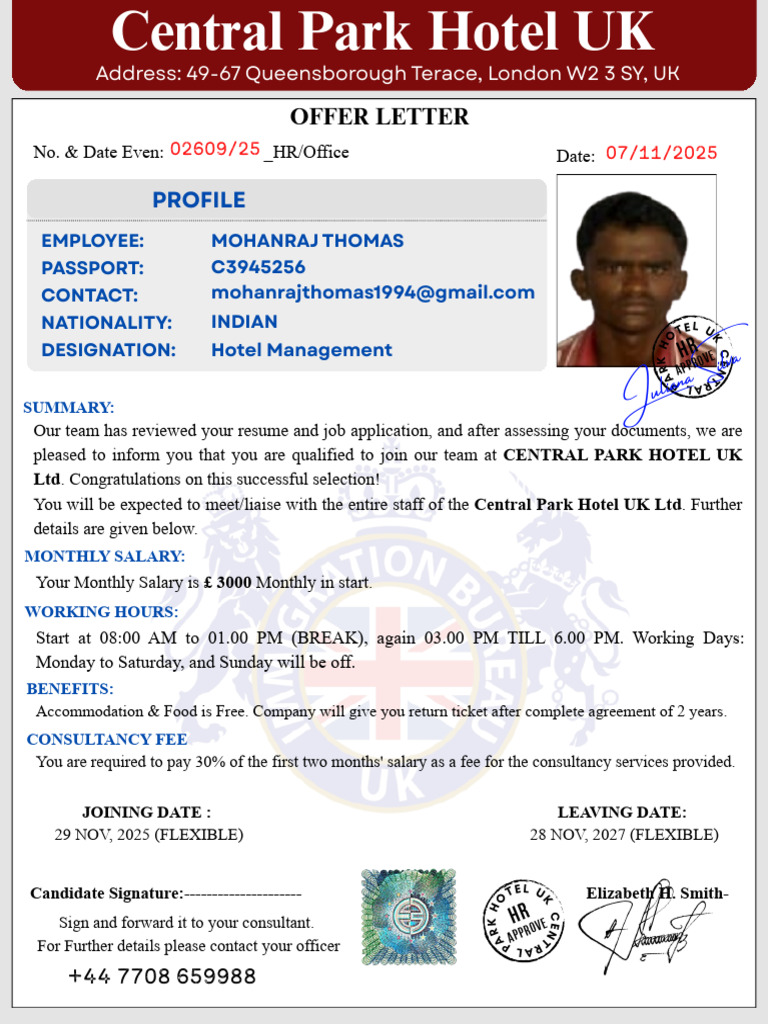 Job Offer Letter from Central Park Hotel UK | PDF
