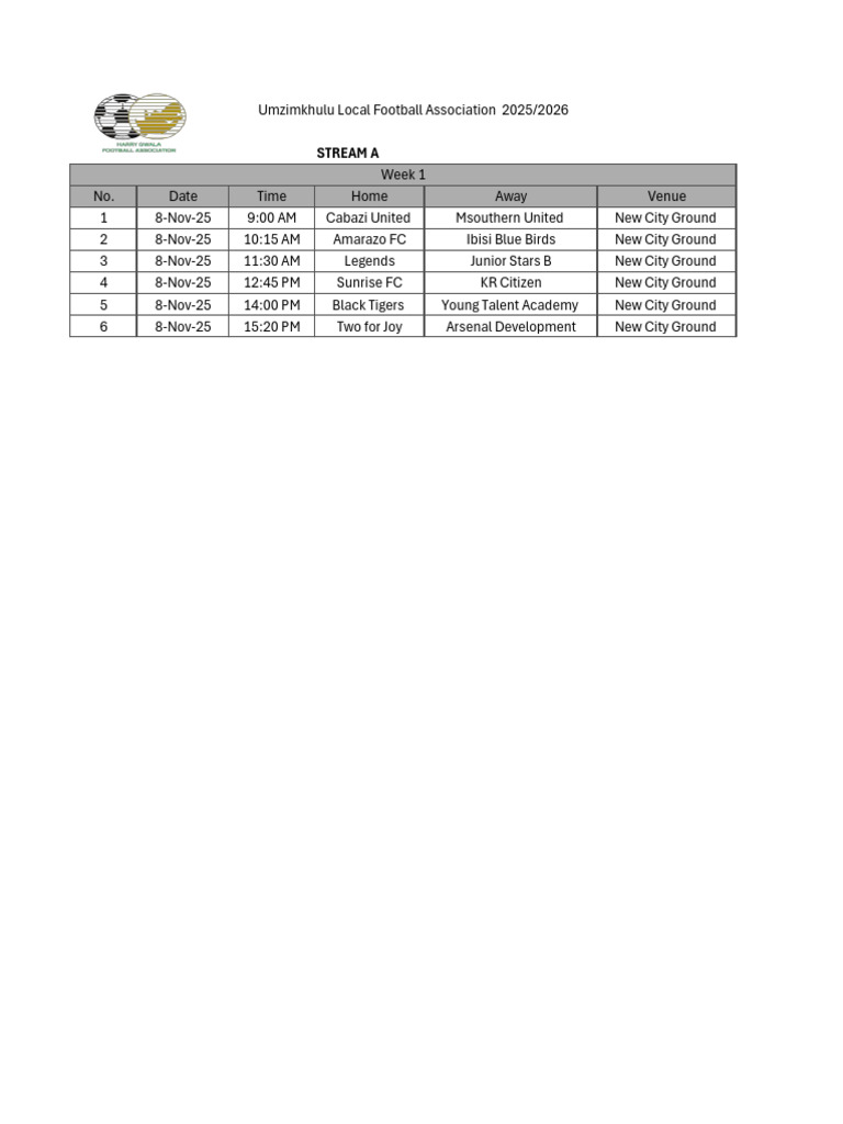 NMZ LFA Stream A Week 1 Fixture | PDF