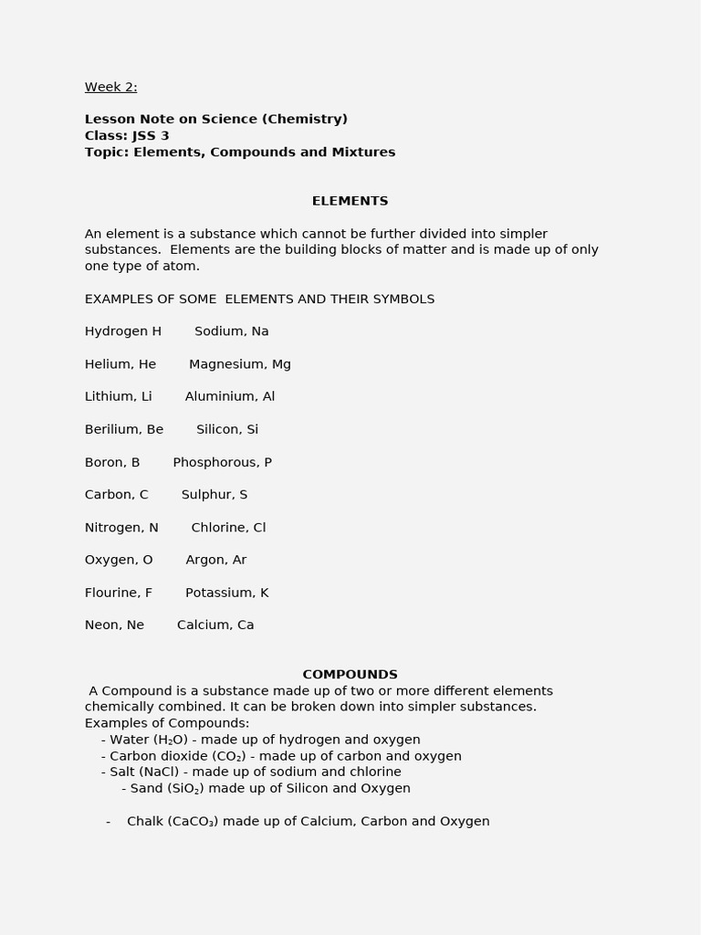 JS3 Term 1 Sci Chem Wk2 | PDF | Chemical Elements | Chemical Compounds