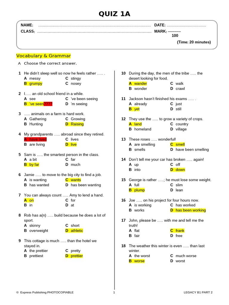 01 Legacy B1 - P2 Quiz 1A | PDF