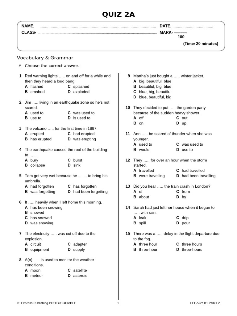 Vocabulary & Grammar Quiz 2A | PDF | Tropical Meteorology | Weather Events