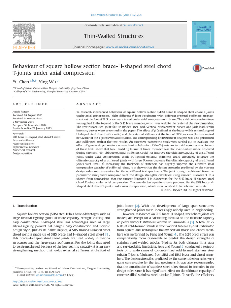 SHS Brace-H Chord T-Joint Compression Study | PDF | Strength Of ...