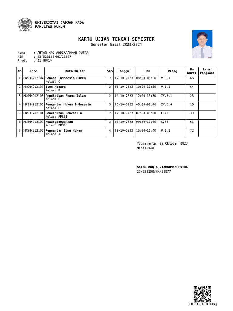 Kartu Ujian Tengah Semester Hukum UGM | PDF