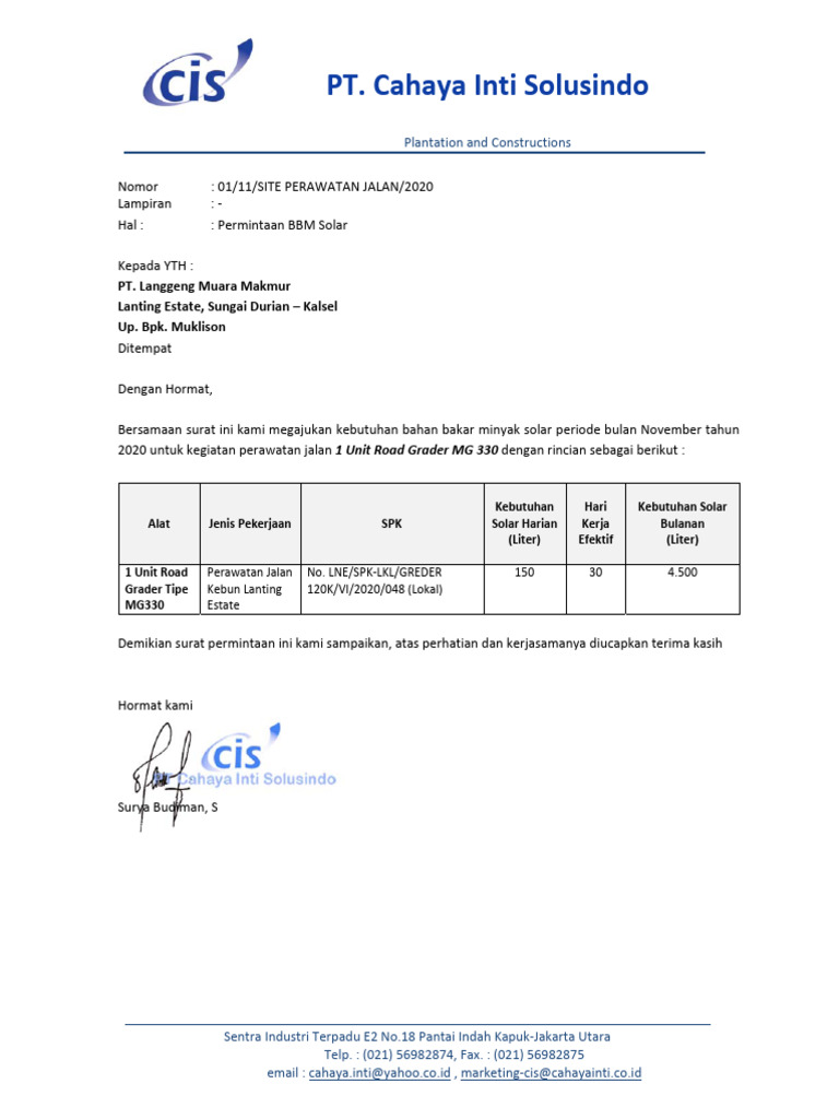 Permintaan BBM Solar untuk Perawatan Jalan | PDF