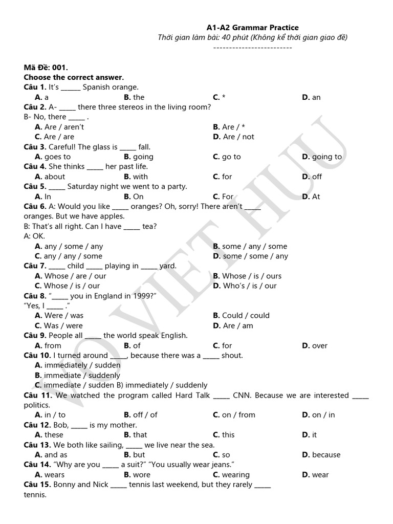 A1-A2 English Grammar Exercises | PDF
