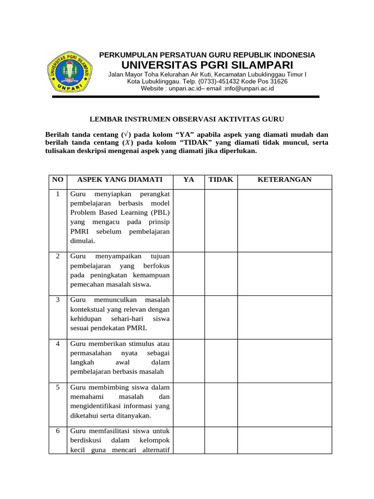Instrumen Observasi Aktivitas Guru PBL | PDF