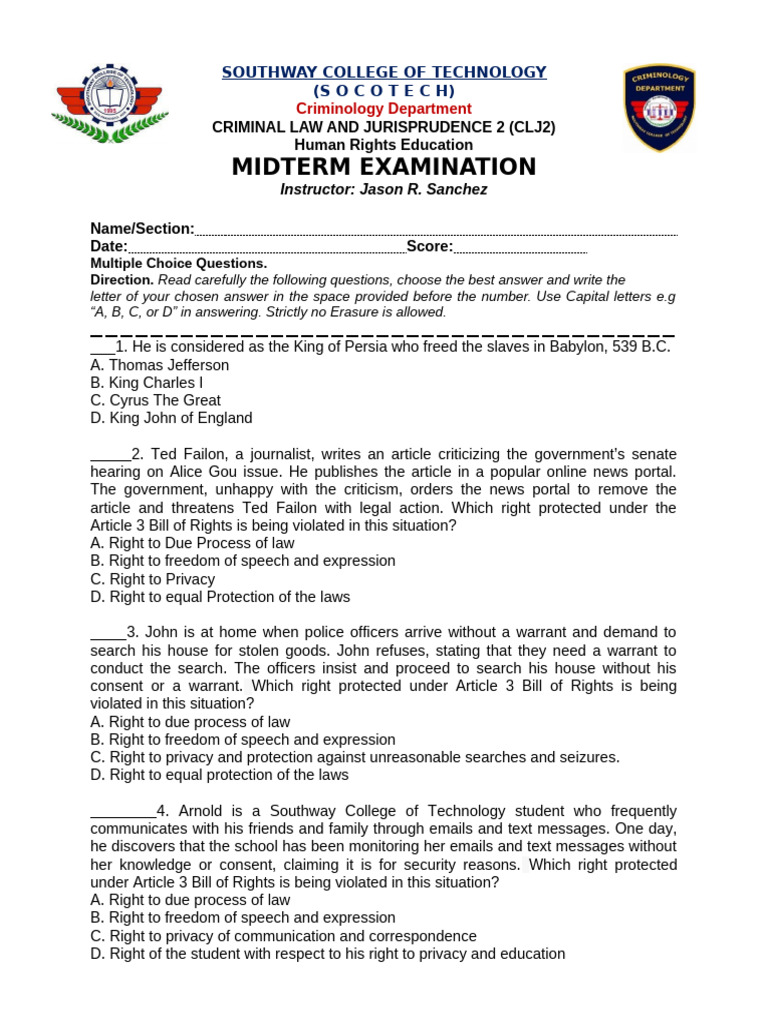 2.A CLJ2 MIDTERM EXAM. Jason Sanchez | PDF | Human Rights | Right To ...
