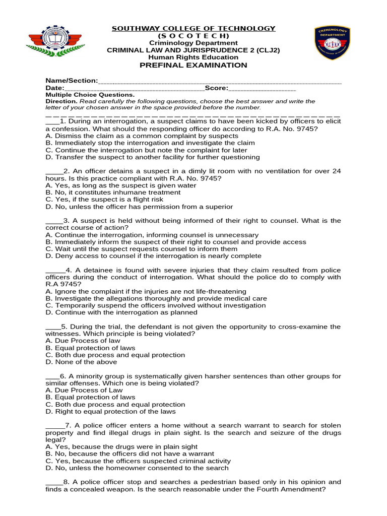3.a CLJ2 Prefinal Exam | PDF | Search And Seizure | Fourth Amendment To ...