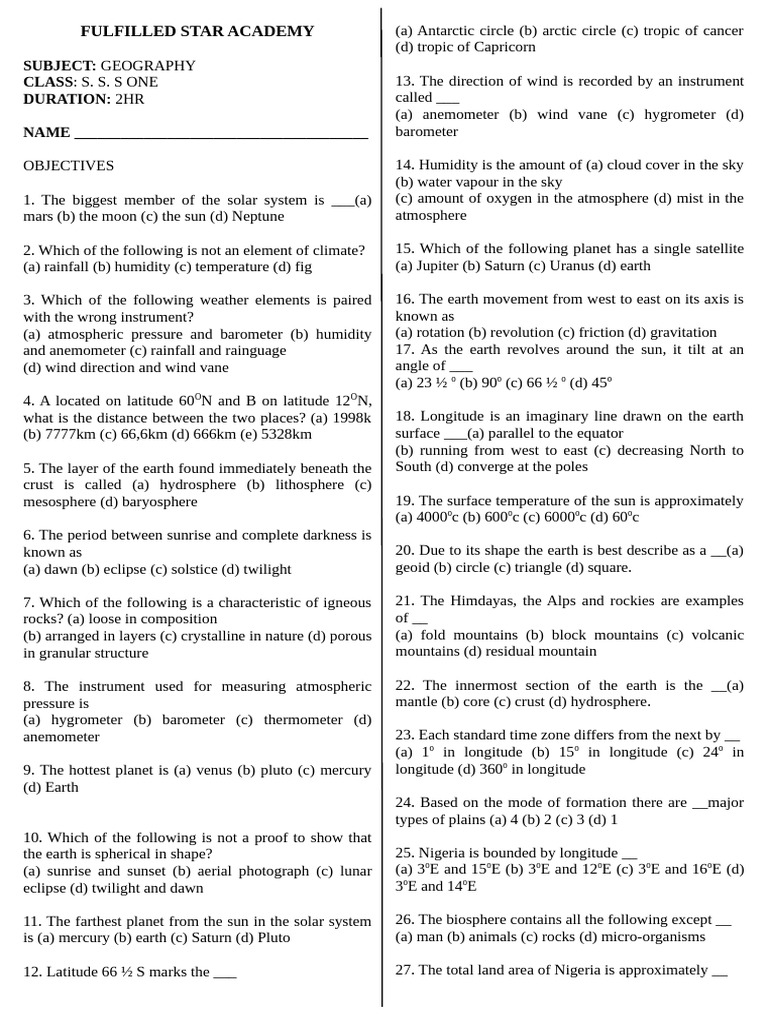 Ss1 Geography | PDF | Earth | Planets