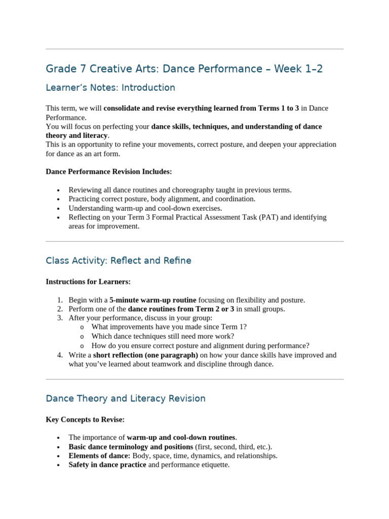 Grade 7 CA Dance Activity. Week 1-2 | PDF