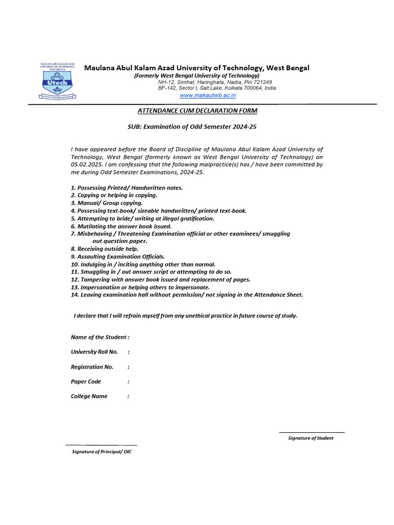 Attendance Cum Declaration Form | PDF