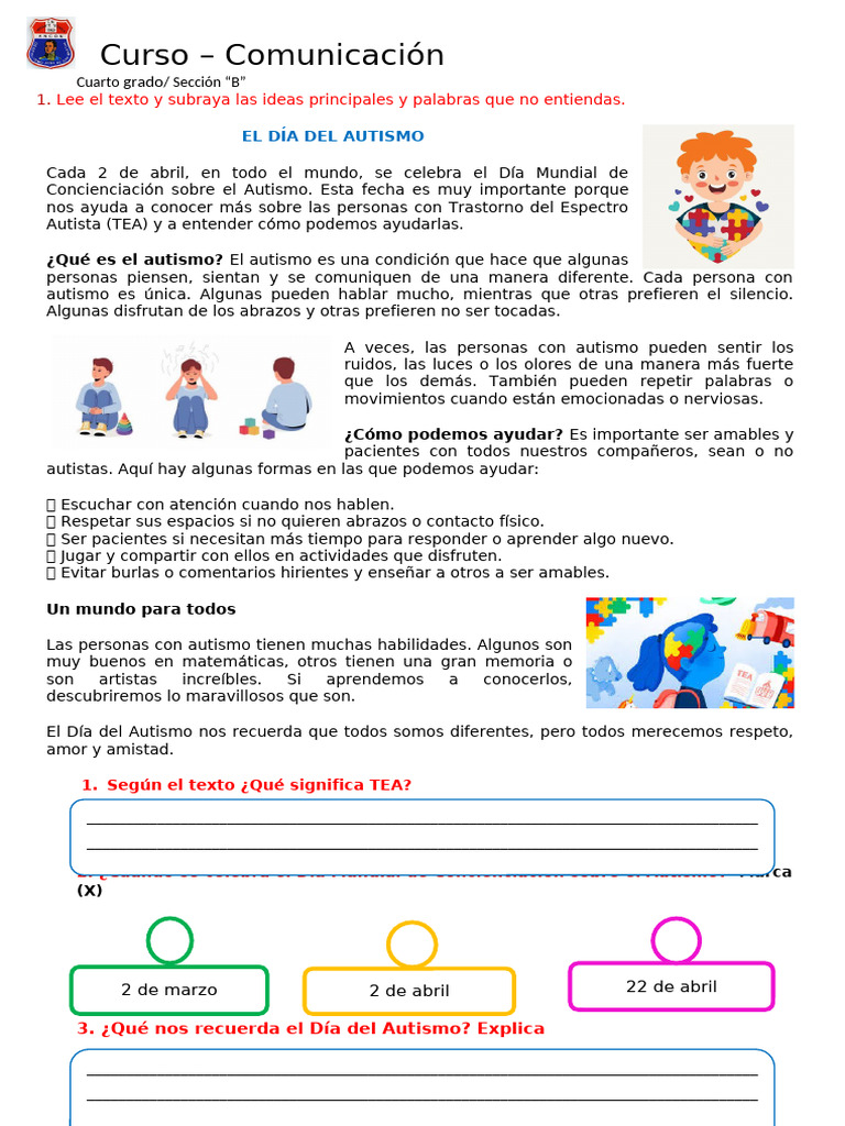 Lunes Ficha Dia Del Autismo - Comunicación | PDF | Autismo | Ciencia ...