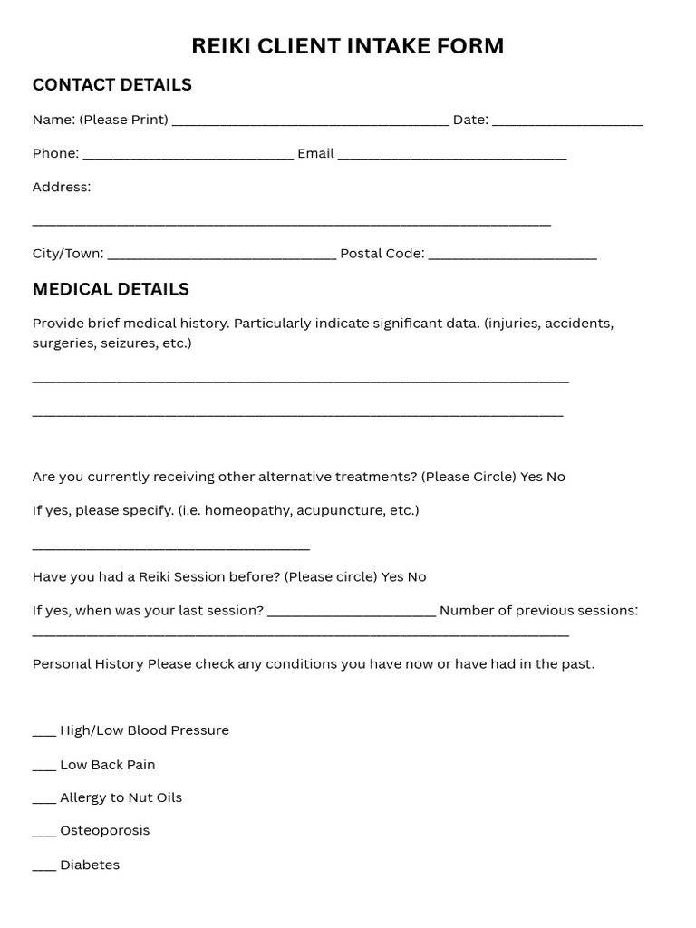 Reiki Client Intake Form | PDF | Energy Medicine | Reiki