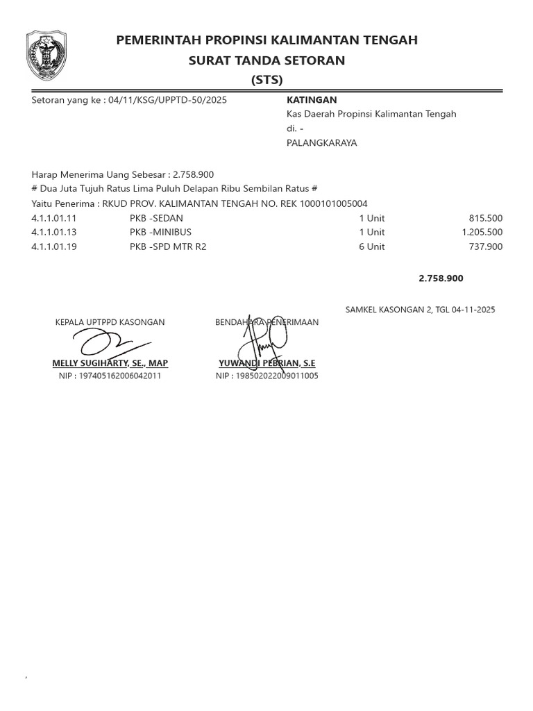 Pemerintah Propinsi Kalimantan Tengah Surat Tanda Setoran (STS) | PDF
