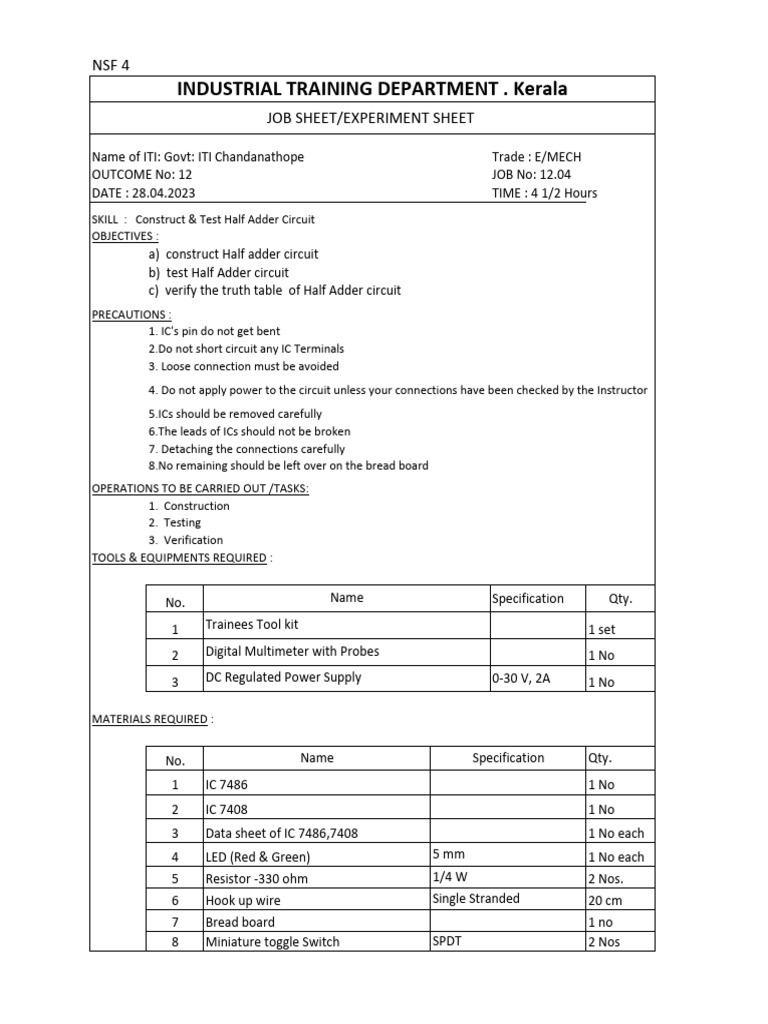 Sample Job Sheet | PDF | Power Supply | Switch