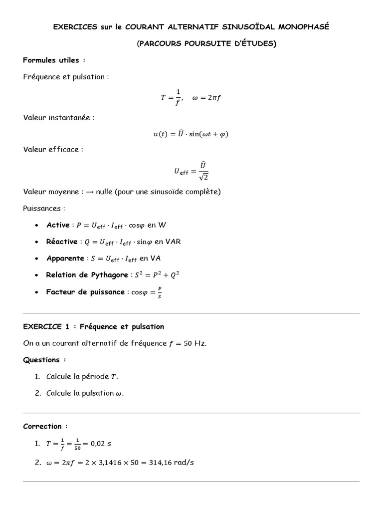 Exercices sur le courant alternatif monophasé | PDF | Courant ...
