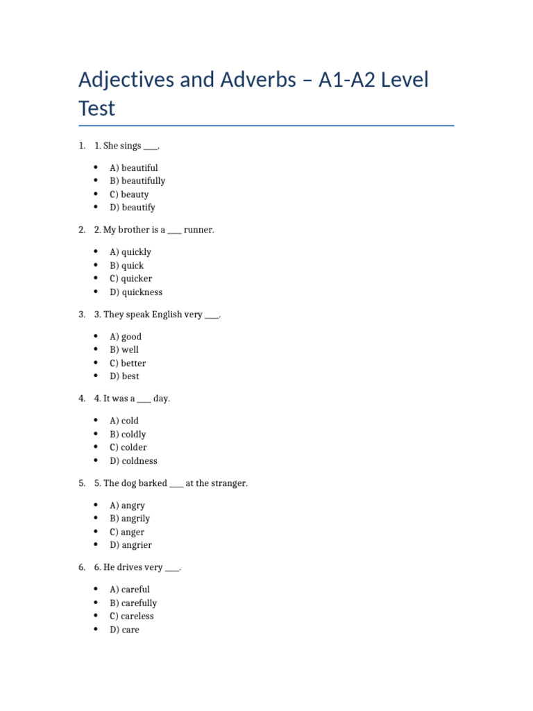 Adjective Adverb A1 A2 Test | PDF | Chess Openings | Chess