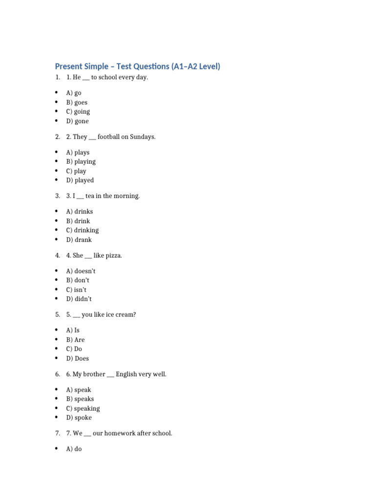 Present Simple Test Questions A1-A2 | PDF