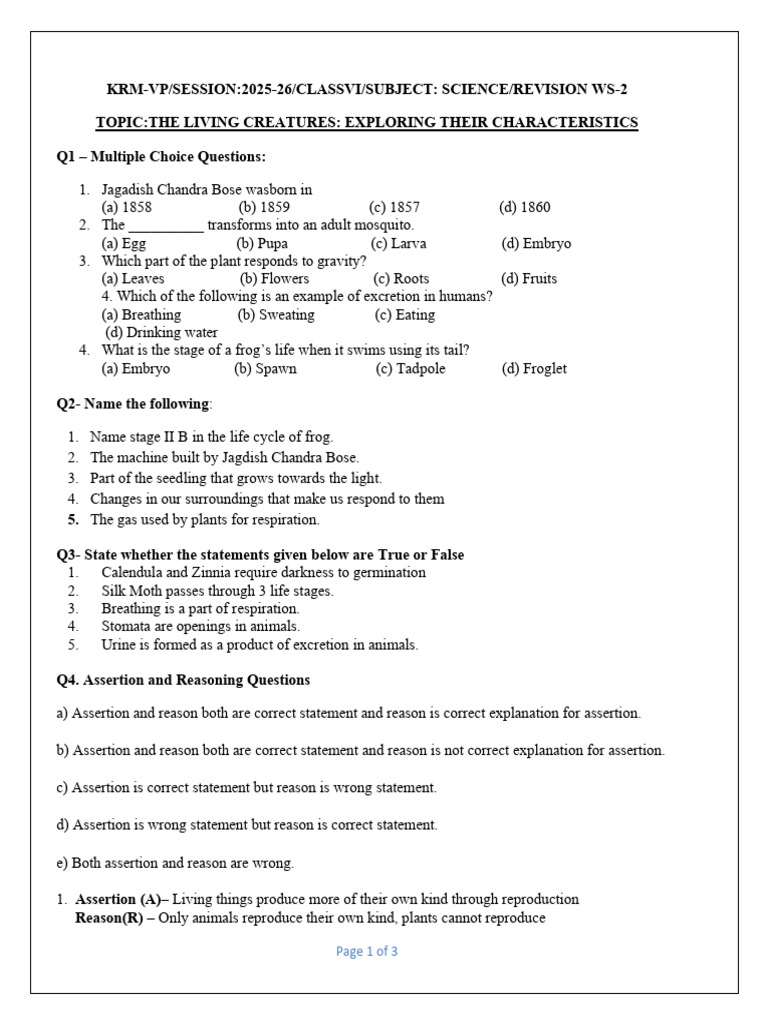 g6 Rev Sheet 2living Organisms 251111 144002 | PDF | Organisms | Zoology