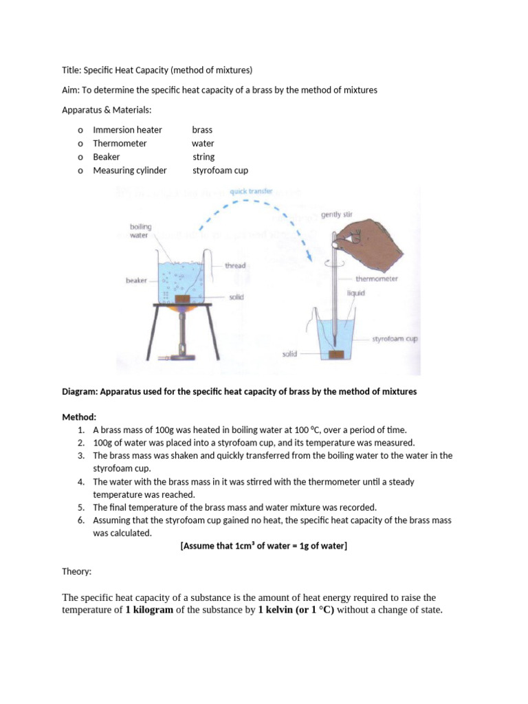 Specific Heat Capacity of Brass Experiment | PDF | Heat | Heat Capacity