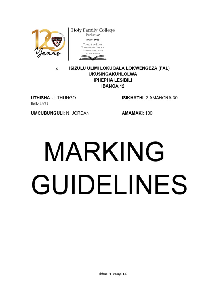 Marking Guidelines Ukusingakuhlolwa | PDF