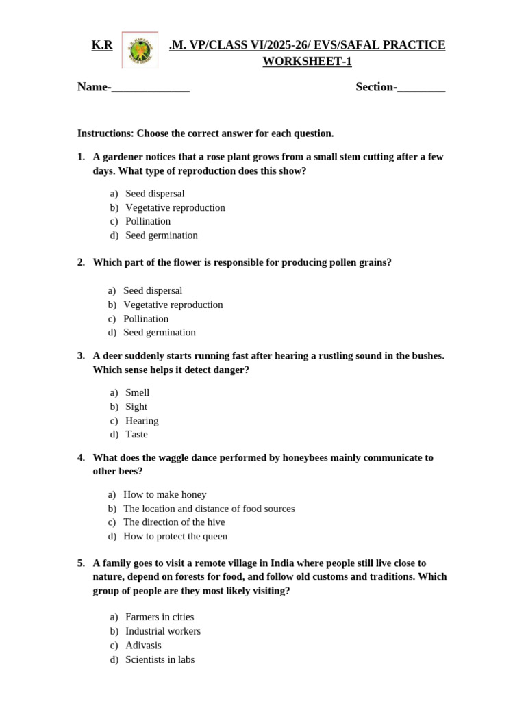 Class 6 EVS Safal Worksheet 1 | PDF | Pollination | Rain
