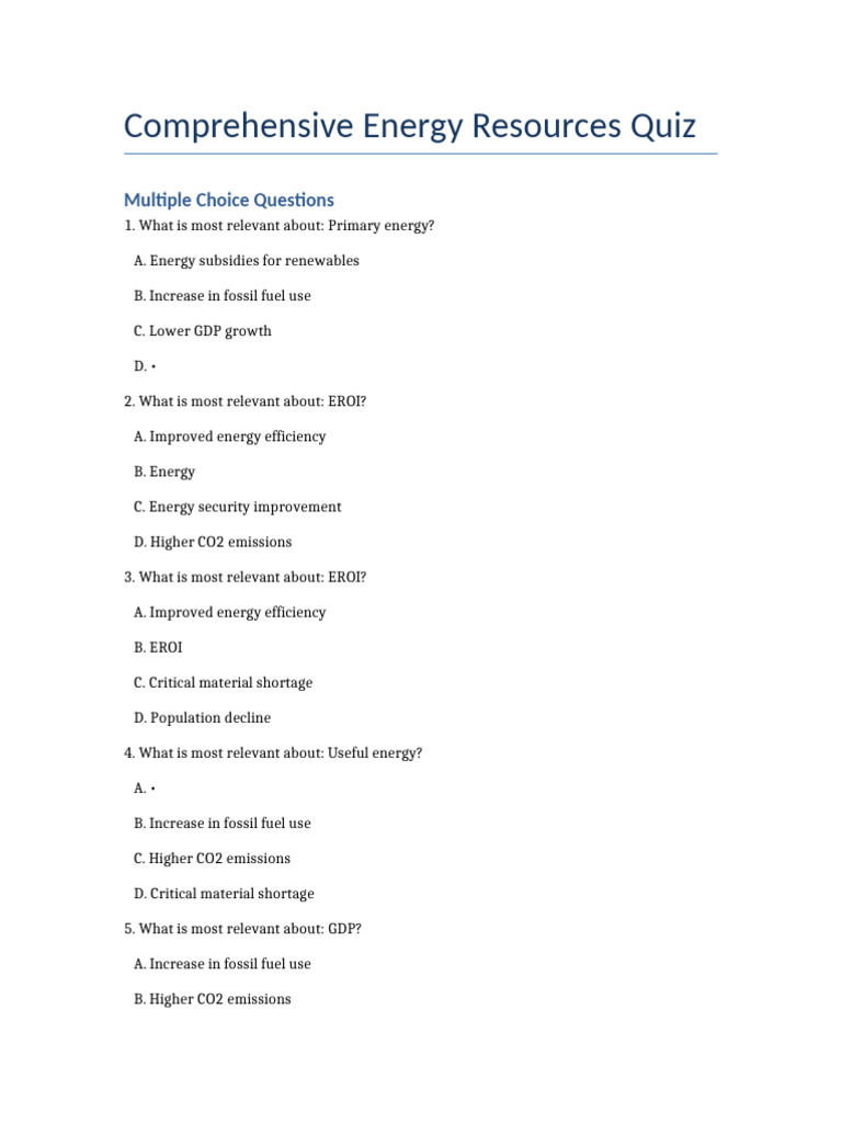 Energy Resources Quiz: Key Concepts | PDF | Climate Change Mitigation ...