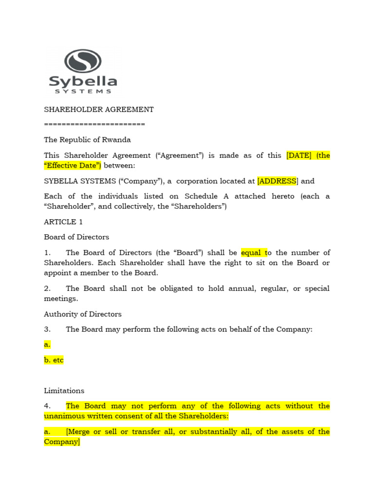 Sybella Systems Shareholder Agreement | PDF | Private Law | Justice